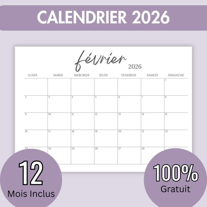 Calendrier Mensuel 2026 Portrait à imprimer (PDF gratuit) - Modelesfr