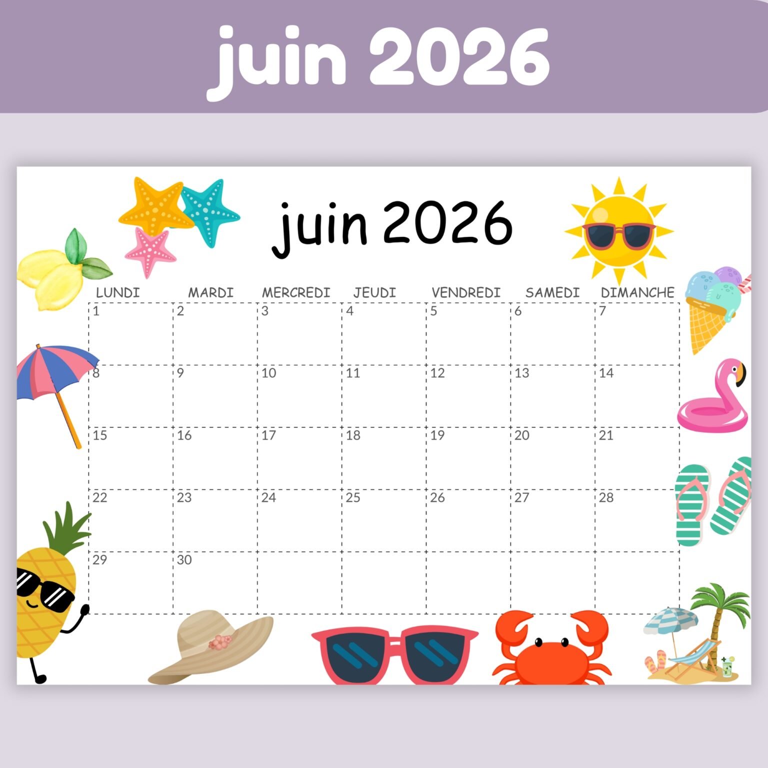 Calendrier Mensuel 2026 Portrait à imprimer (PDF gratuit) - Modelesfr