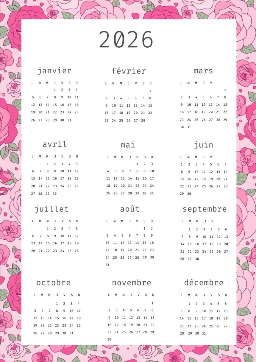Calendrier Annuel 2026 Floral à imprimer (PDF gratuit) - Modelesfr