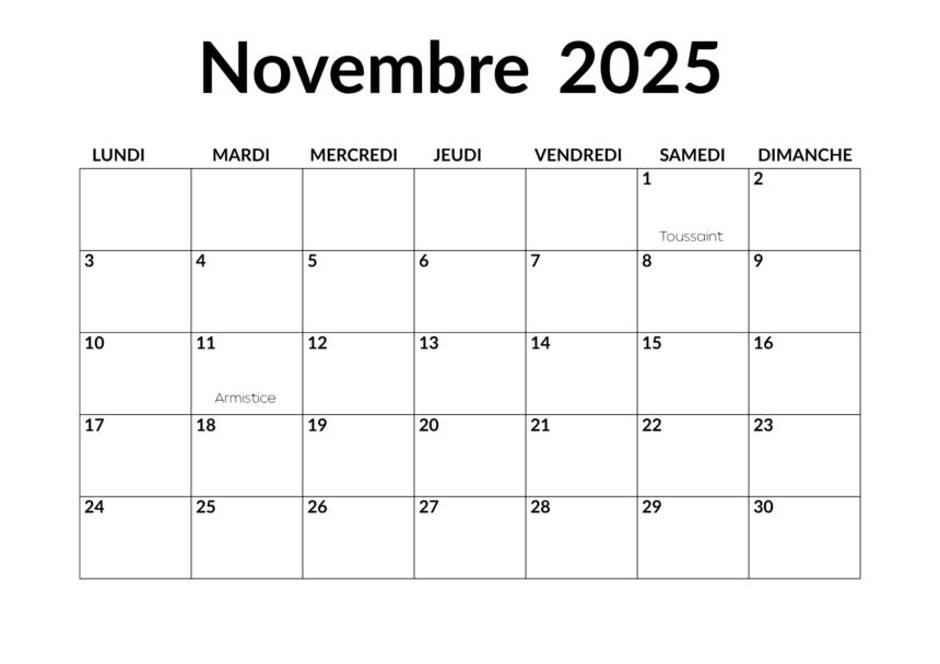 Calendrier Novembre 2025 à imprimer (PDF gratuit) – Minimaliste, avec ...